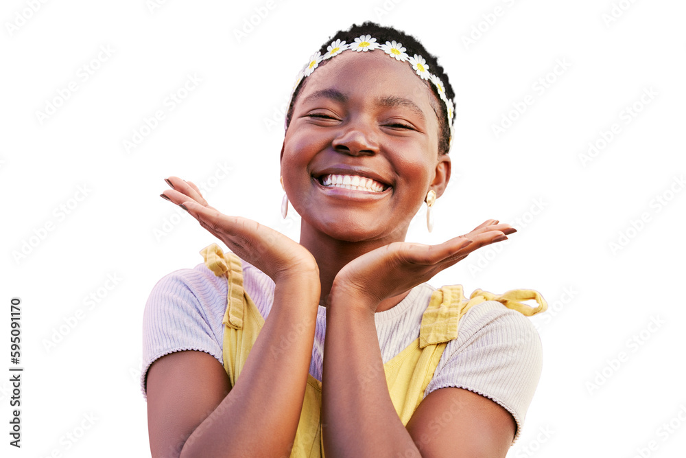 Smile, flower or crown portrait of a woman isolated on a transparent ...