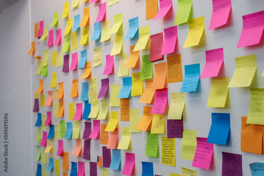 Planning. Sticky notes on the wall. Business planning. Generative AI ...