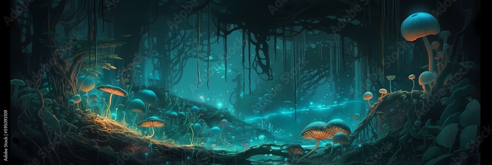 A magical forest filled with bioluminescent light plants and creatures ...