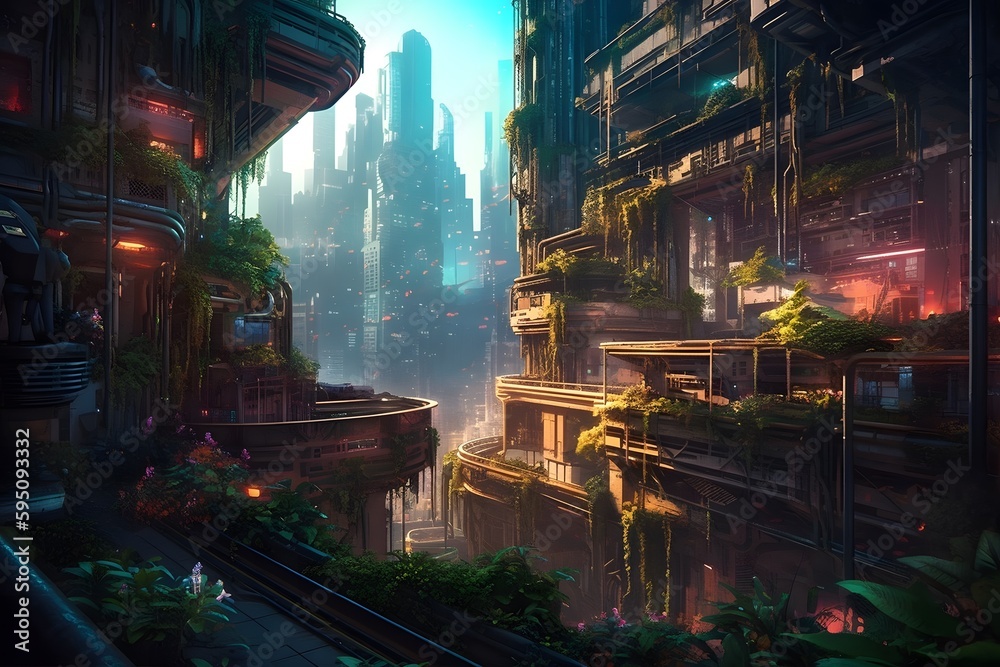cyberpunk cityscape with futuristic floating gardens, where neon-lit ...