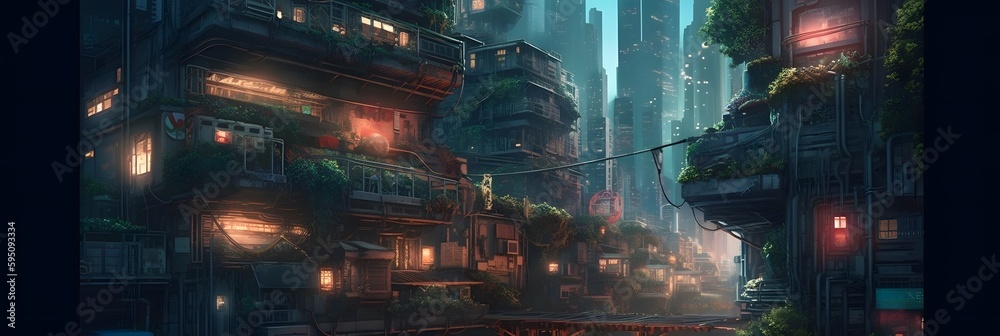 cyberpunk cityscape with futuristic floating gardens, where neon-lit ...