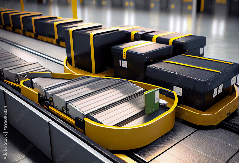 Conveyor for baggage in a multi-storey airport terminal. Suitcases and ...