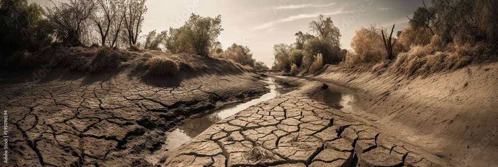 A stark and evocative image of a dry riverbed, showing the devastating ...