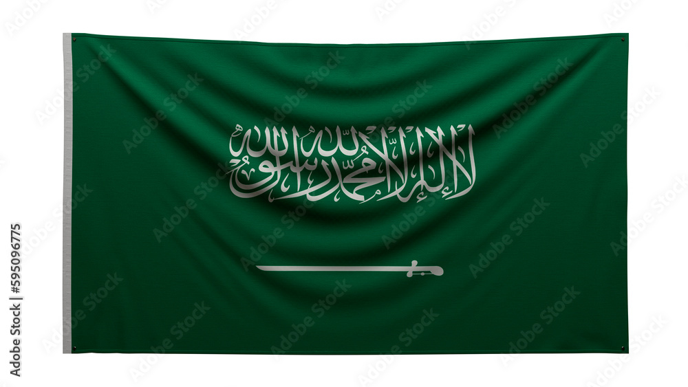 Textured flag. The flag of Saudi Arabia hangs on the wall. Texture of ...