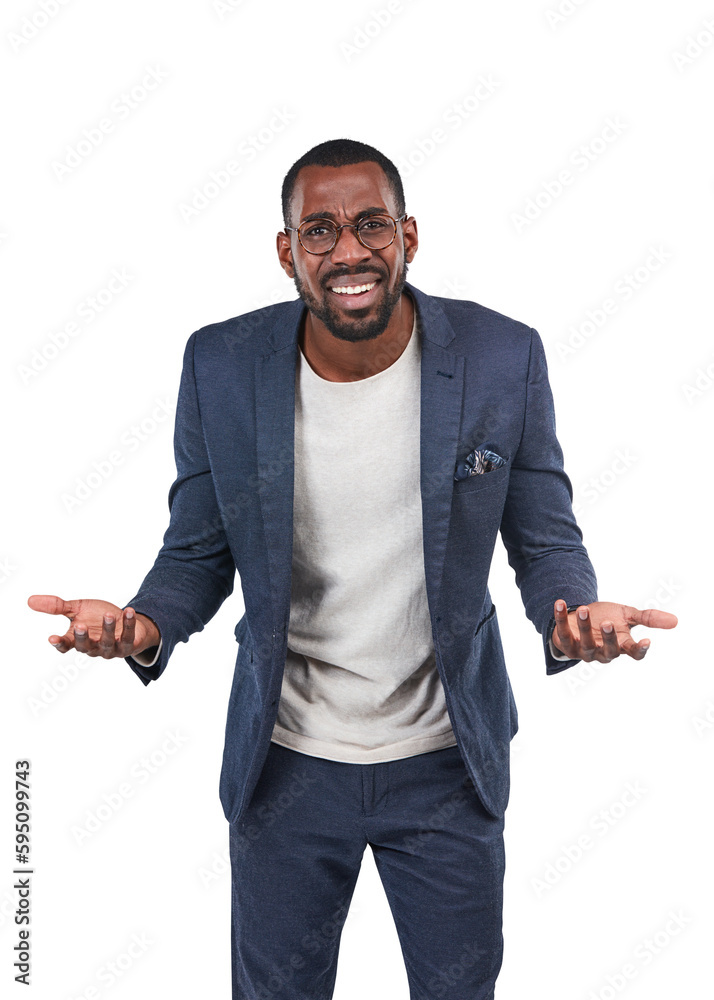 Portrait, confused and business man in shrug for doubt, what reaction ...