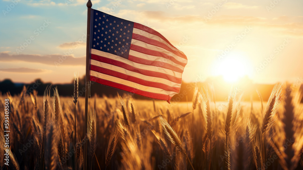 sunlit wheat field, with an American flag standing tall amidst the ...