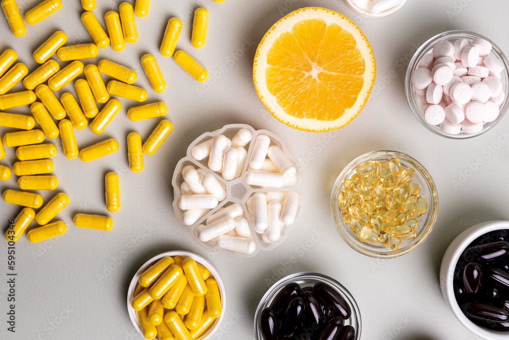 Food supplements, vitamins and minerals in form of pills, capsules and ...