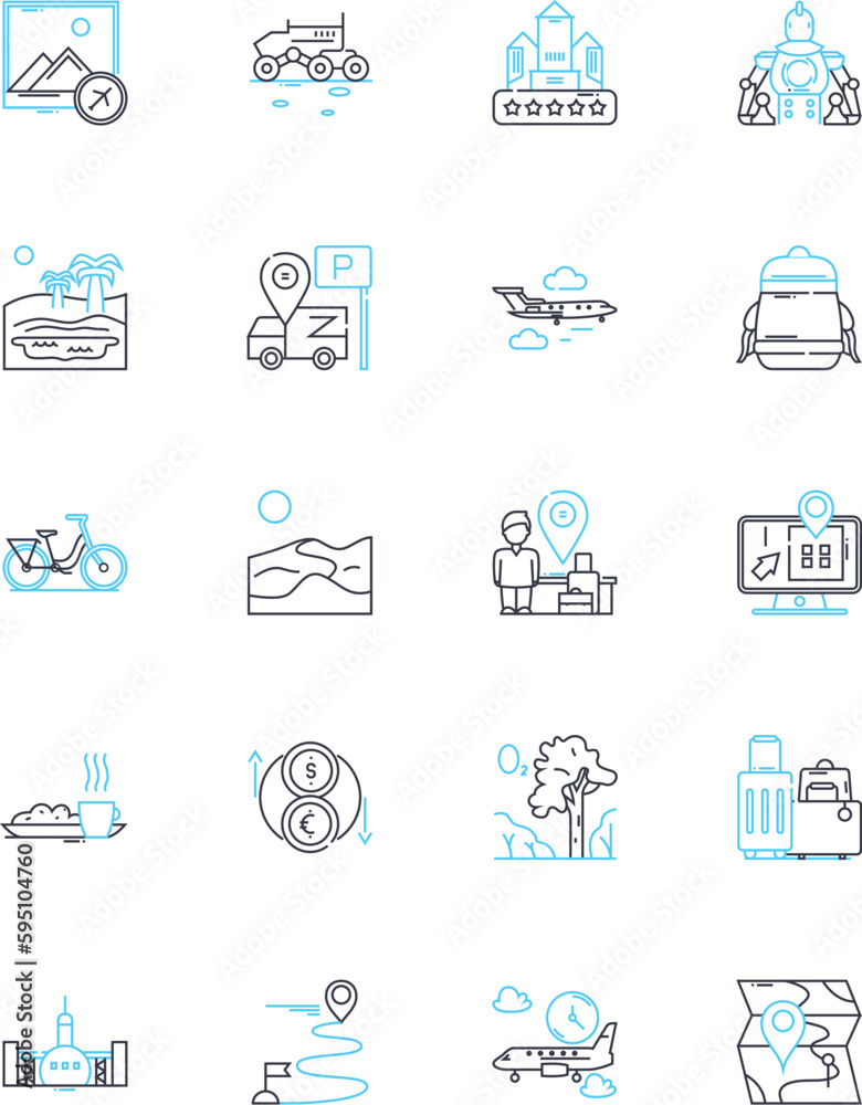 Airfield linear icons set. Runway, Hangar, Aircraft, Aerodrome ...
