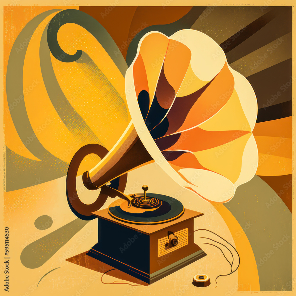 An old phonograph is highlighted with soft, warm light and warm colors ...