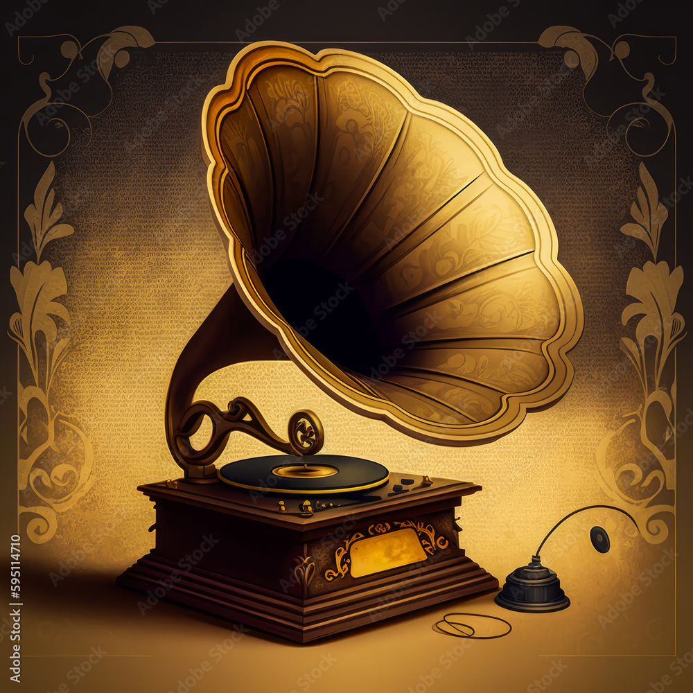 Vintage phonograph placed on a warm background lit by soft golden light ...