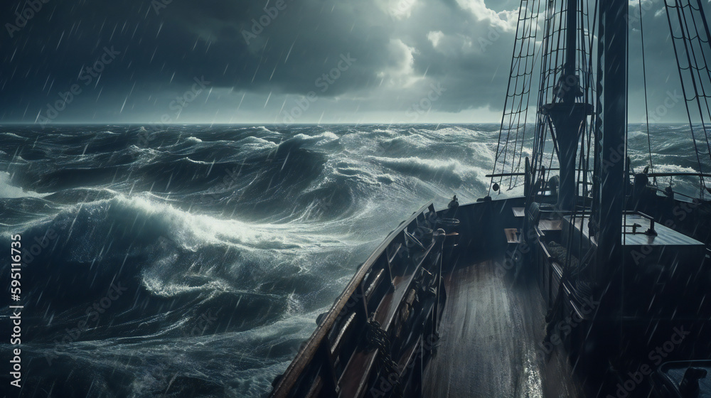 Old sailing ship in the sea, storm and bad weather. Generative AI Stock ...