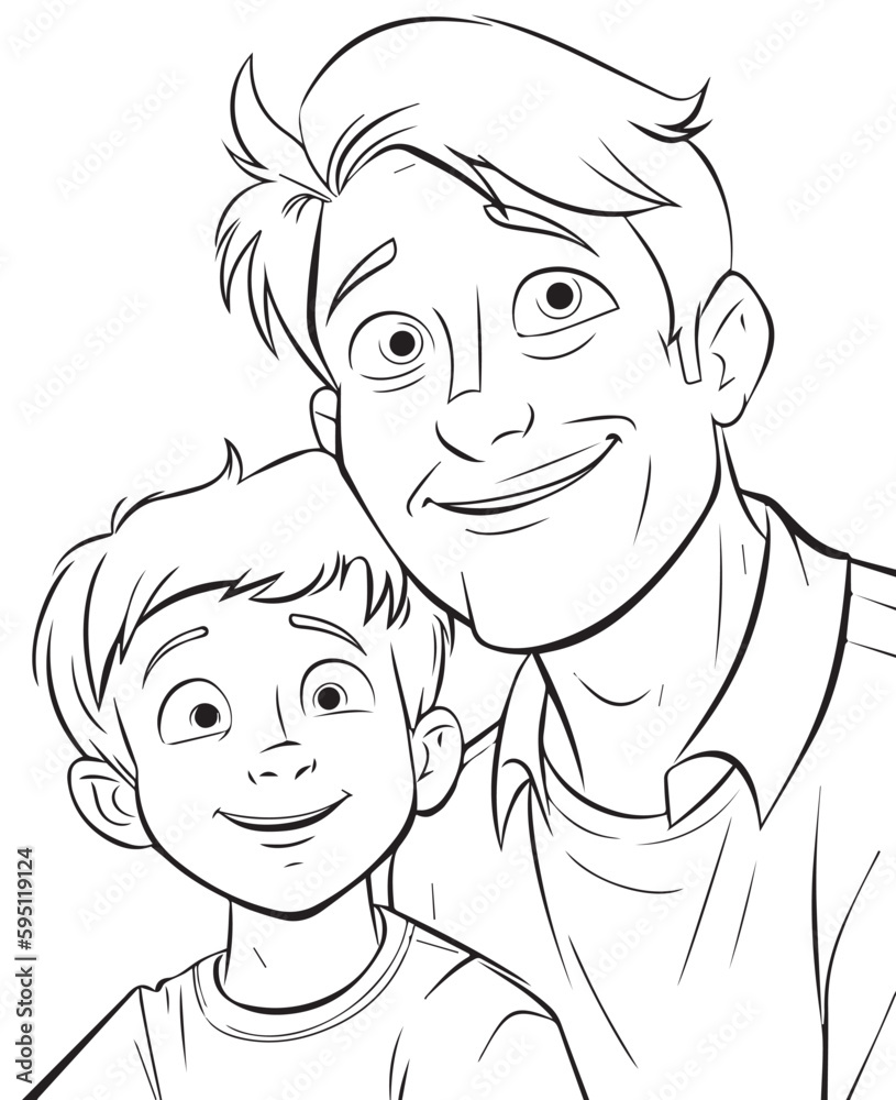 Hand drawn vector coloring page of father and son, Coloring page for ...