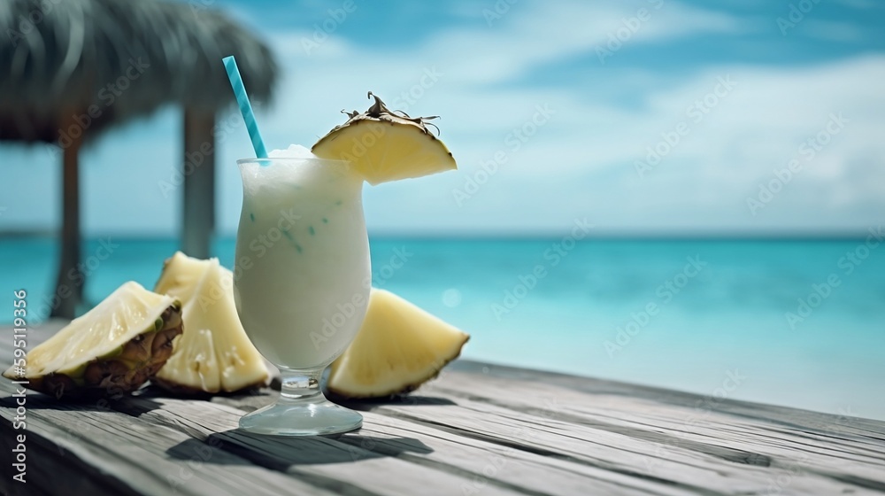 Glass with pina colada cocktail with ice on the tropical beach ...