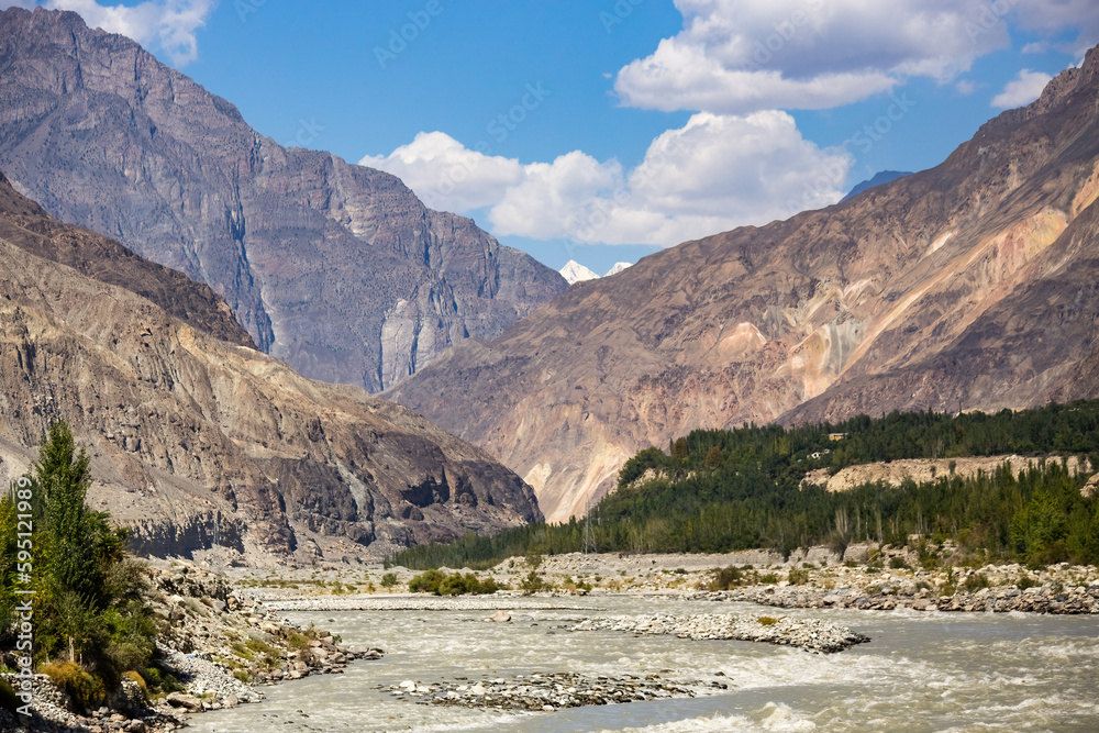 River and mountain landscape in Northern Pakistan. Gilgit Baltistan ...