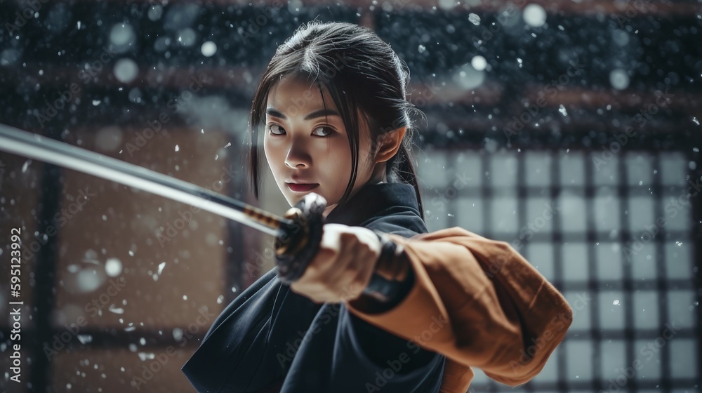 Young asian woman in traditional kimono dress making a martial art pose ...
