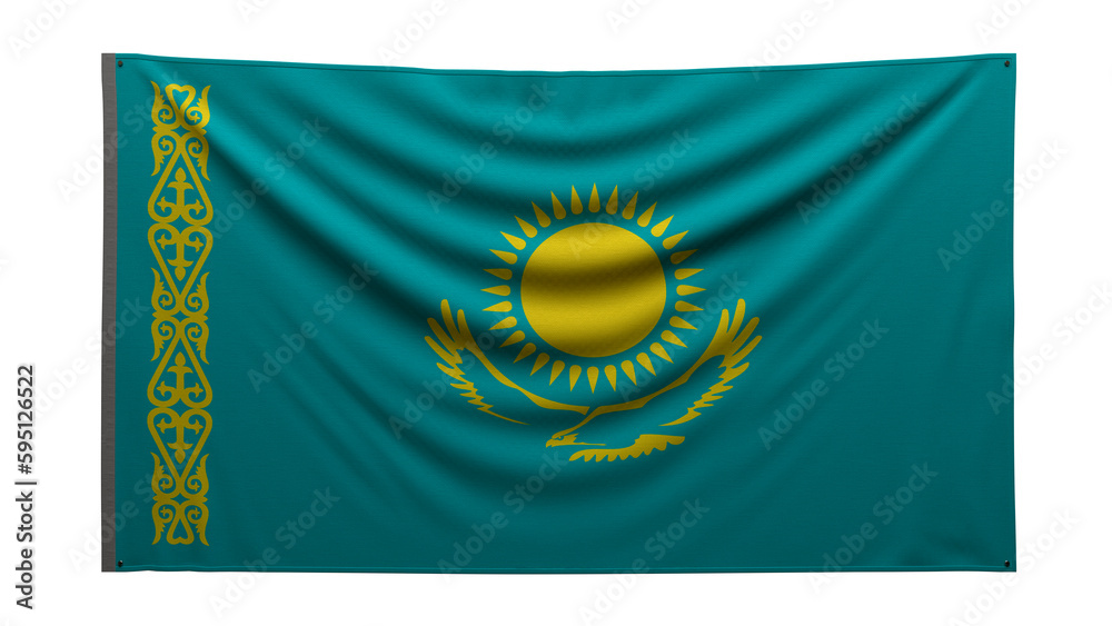 Textured flag. The flag of Kazakhstan hangs on the wall. Texture of ...