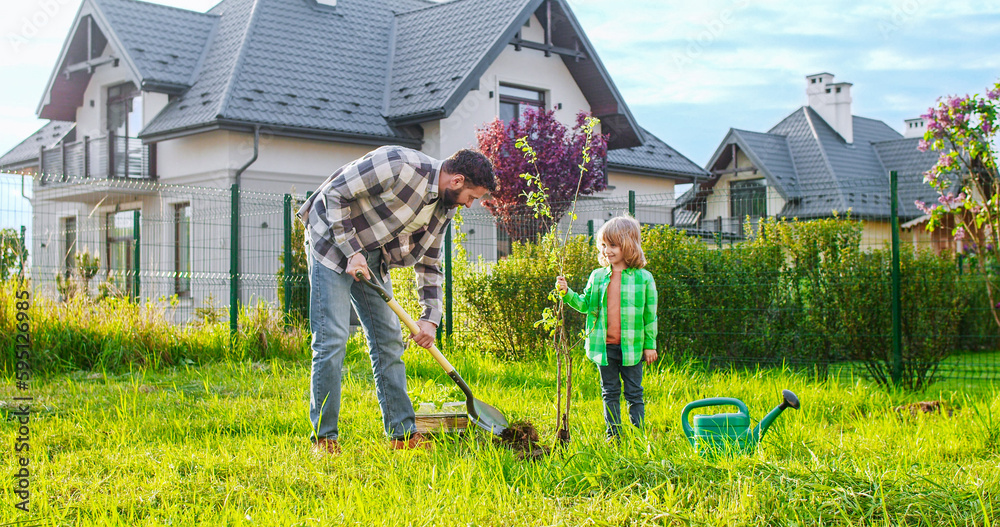 Caucasian father planting tree and digging in ground and little cute ...