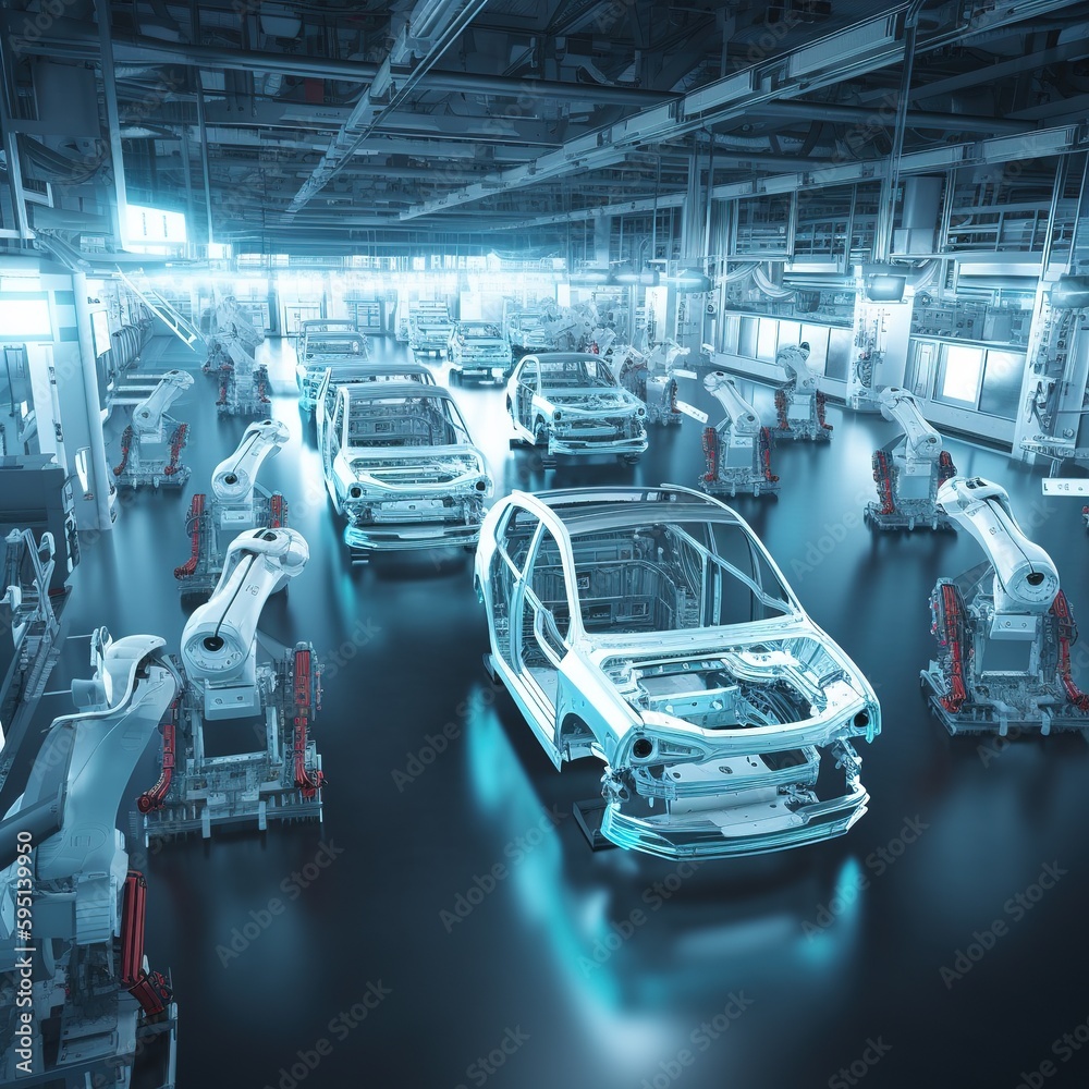 Car Factory Digitalization Industry. Automated Robot Arm Assembly Line ...