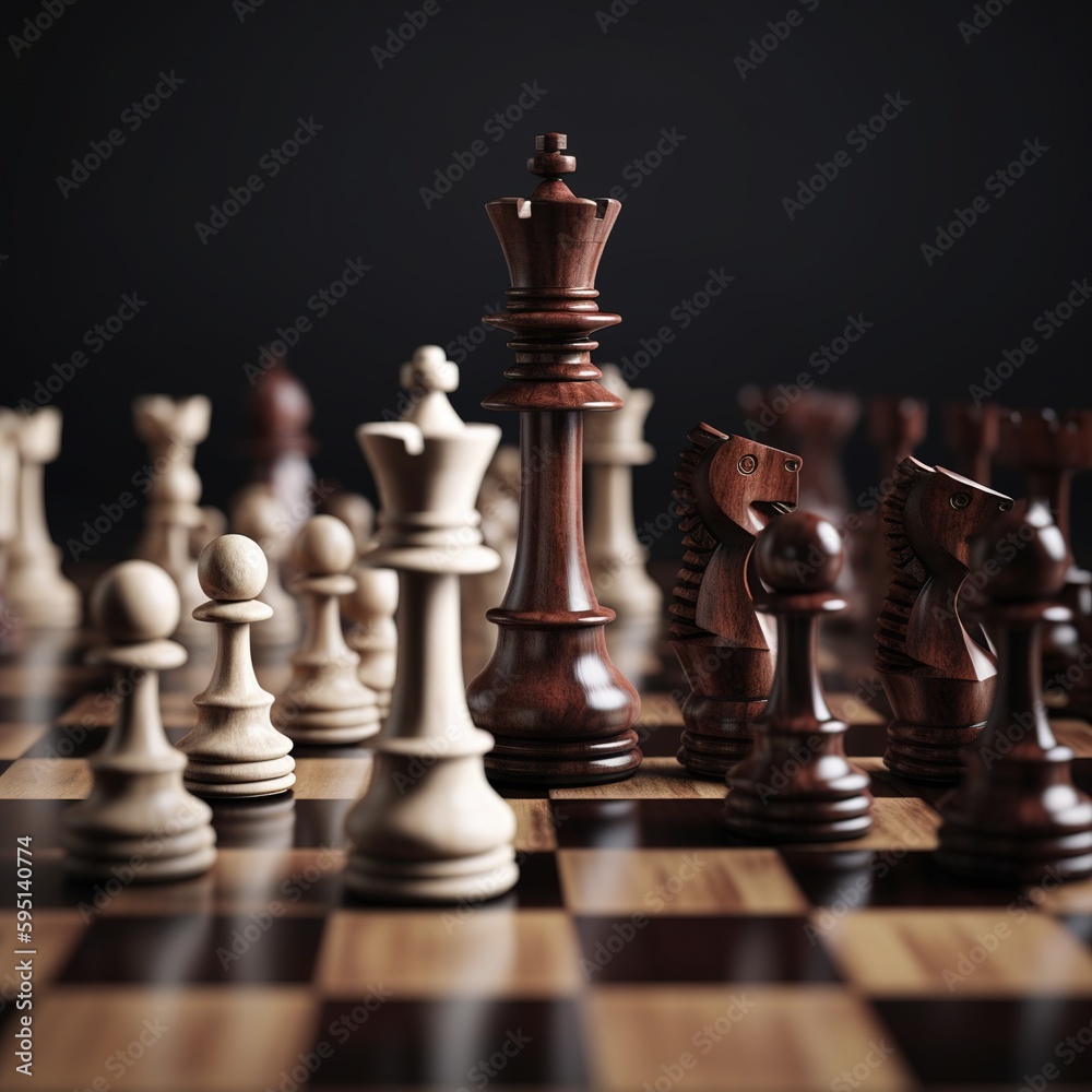King Queen and knight chess team standing on chess board with chess ...