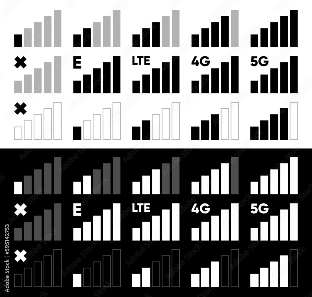 Mobile Network Signal collection. Mobile network strength icon set. 3g, 4g and 5g network. Full ...