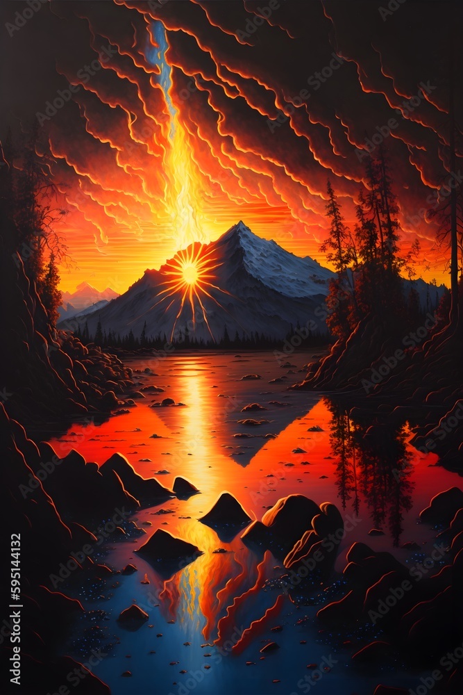 an airbrush oil painting of a sunset over a body of water american ...