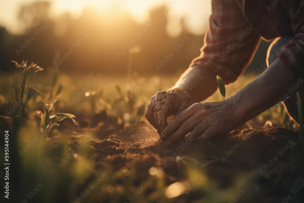 Agriculture workers in the field during sunset, tending to crops and ...
