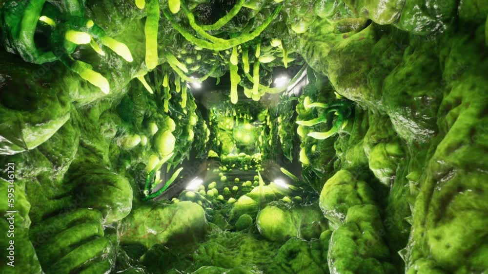 The corridor of a spaceship populated by alien creatures. An alien ...