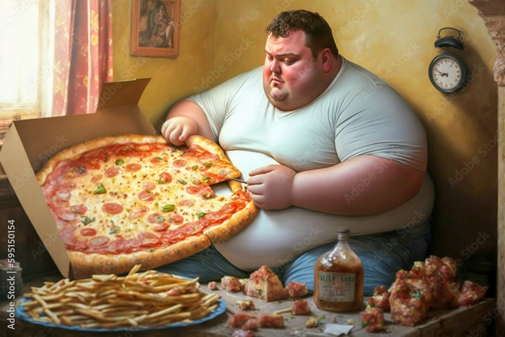 Cartoon chubby guy eats Pizza. Hungry, fantasy, unhealthy funny fat guy ...
