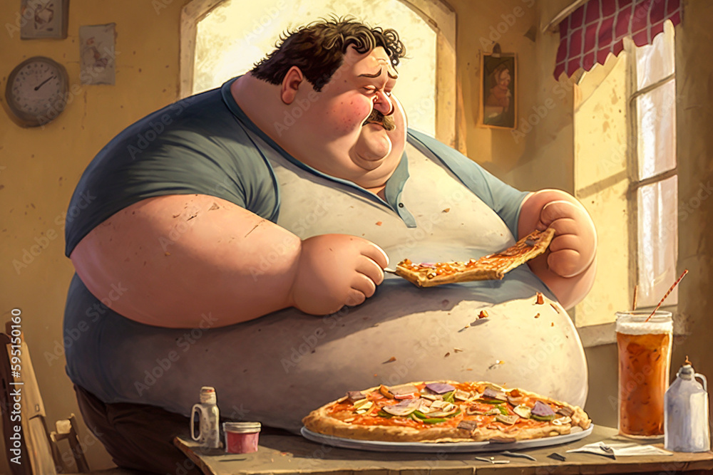 Cartoon chubby guy eats Pizza. Hungry, fantasy, unhealthy funny fat guy ...