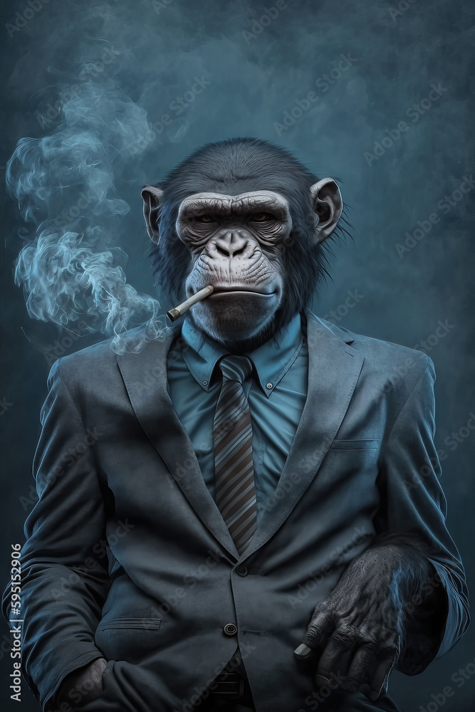 Illustration portrait of an anthropomorphic chimpanzee smoking a cigar ...