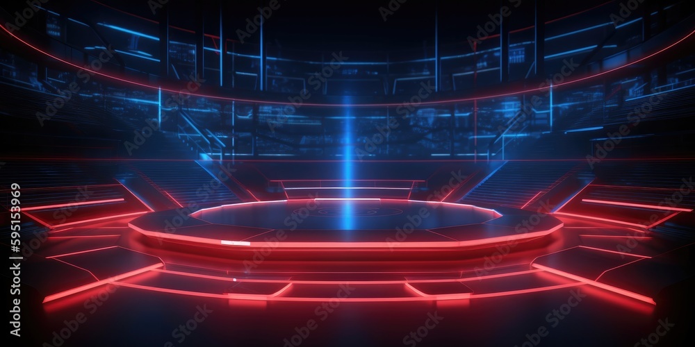 Empty red and blue neon light stadium background for E-sport game ...