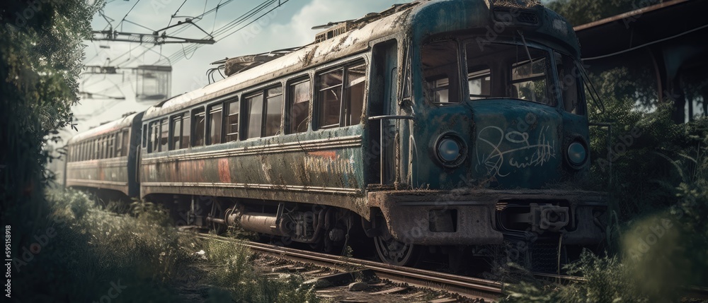 Realistic Post Apocalypse Landscape illustration of rusted metro train ...