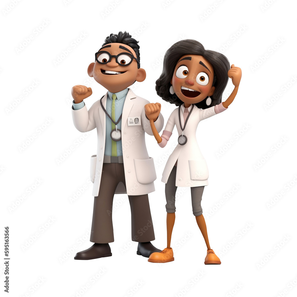 3D cartoon character cute happy multi ethnic couple doctor and nurse ...