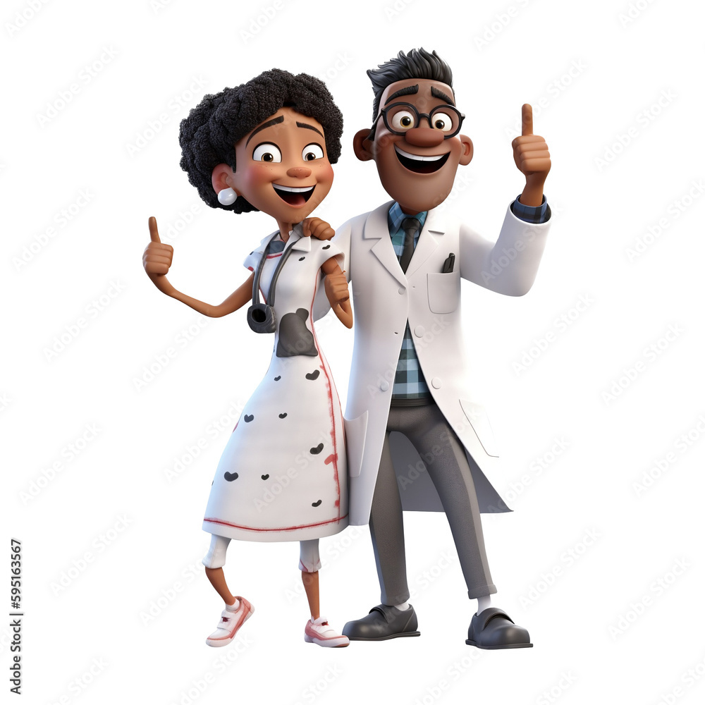 3D cartoon character cute happy multi ethnic couple doctor and nurse ...