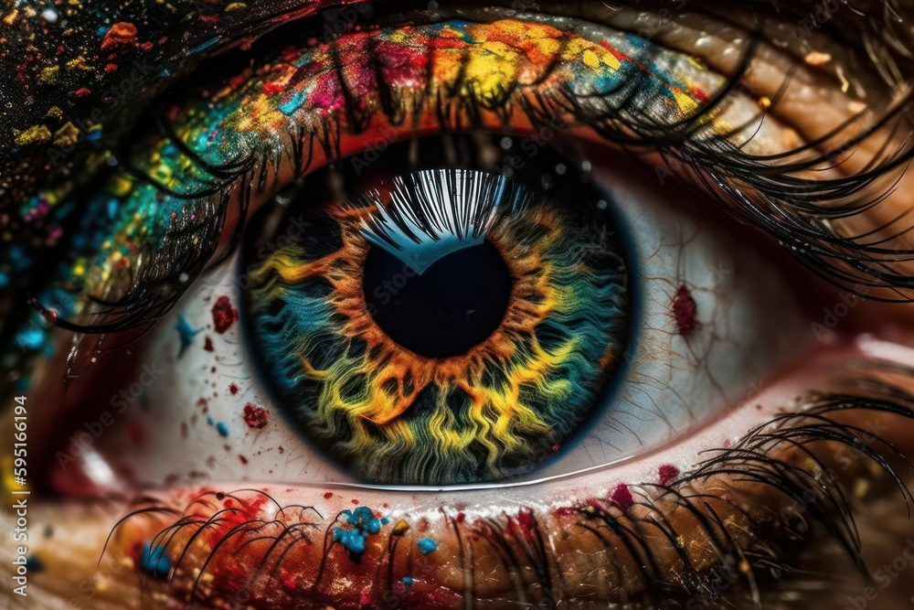 Saturated colors and abstract design of rainbow splash makeup on female ...