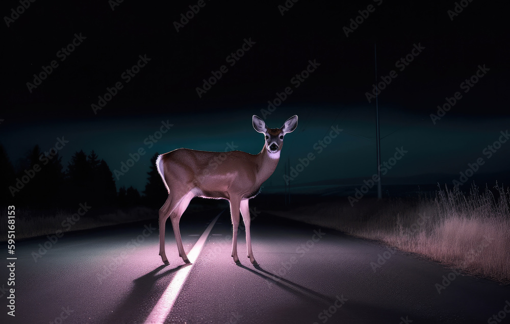 Deer standing in the middle of the road, illuminated by the car ...