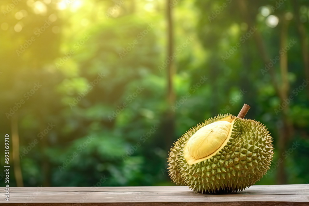 durian on wood background with green nature background Stock Photo ...