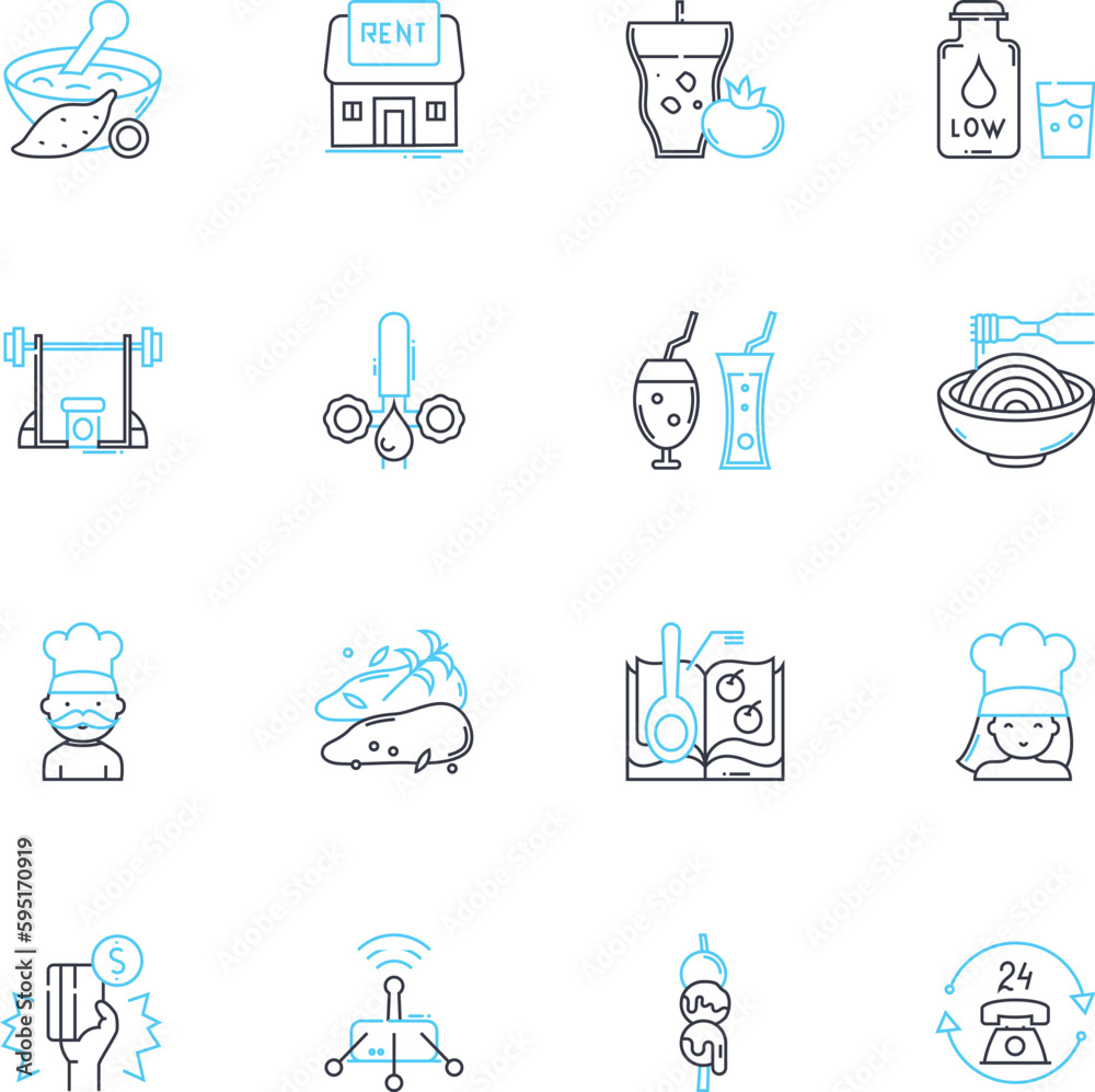 Buffet meals linear icons set. Feast, Spread, All-you-can-eat ...