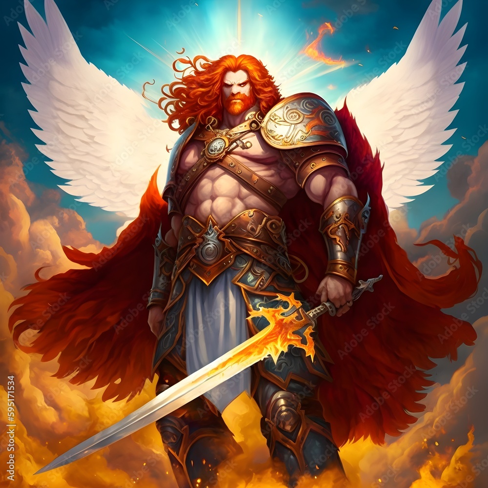 an EPIC Archangel Michael of fire with red hair beard with an enormous ...