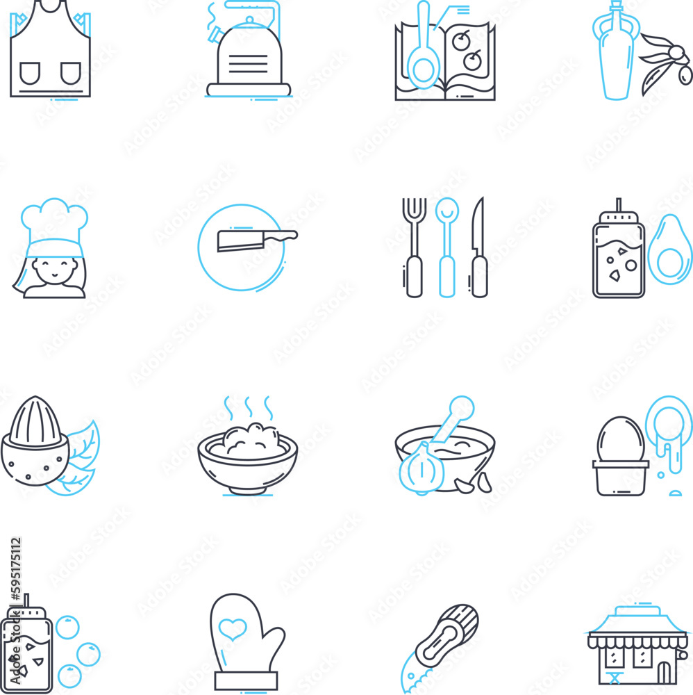 Cooking techniques linear icons set. Blanching, Braising, Broiling ...
