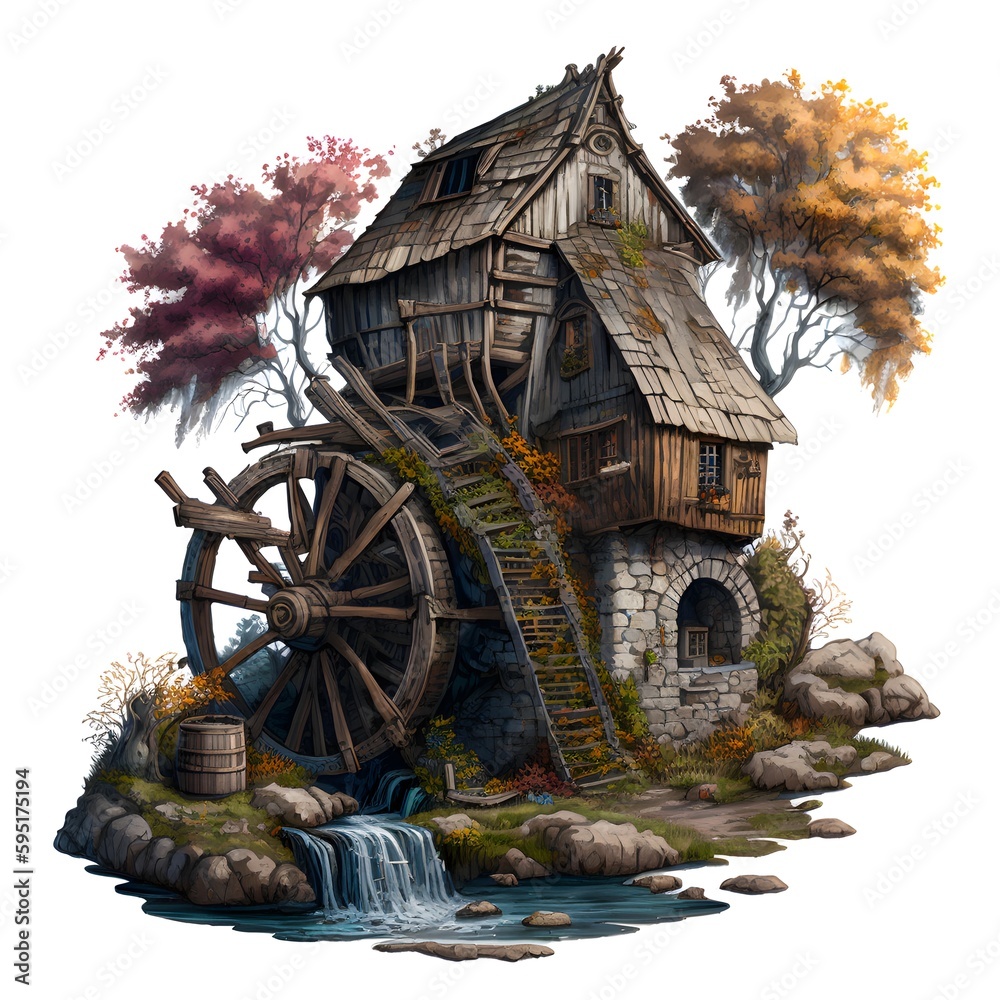 color line drawing of an enchanted medieval watermill fantasy mystical ...