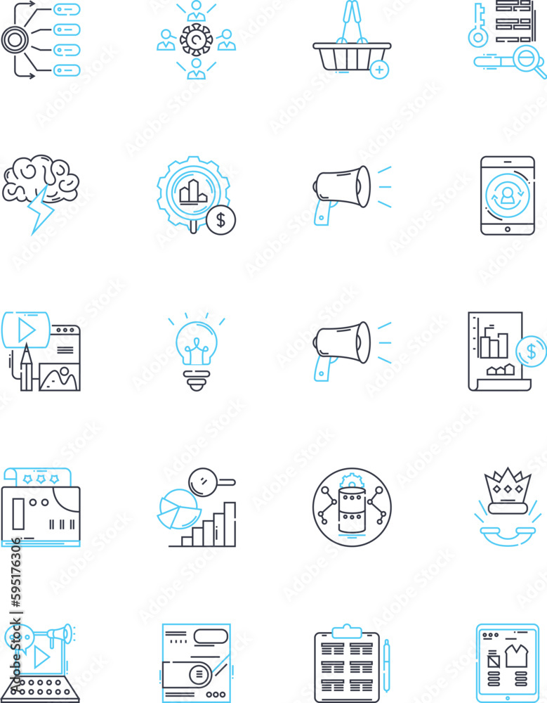 Content analytics linear icons set. Insights, Optimization, Engagement ...