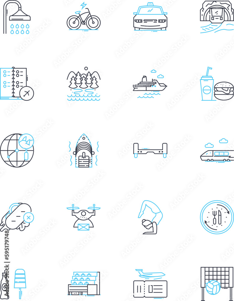 Enjoyable jaunt linear icons set. Adventure, Escapade, Expedition, Fun ...
