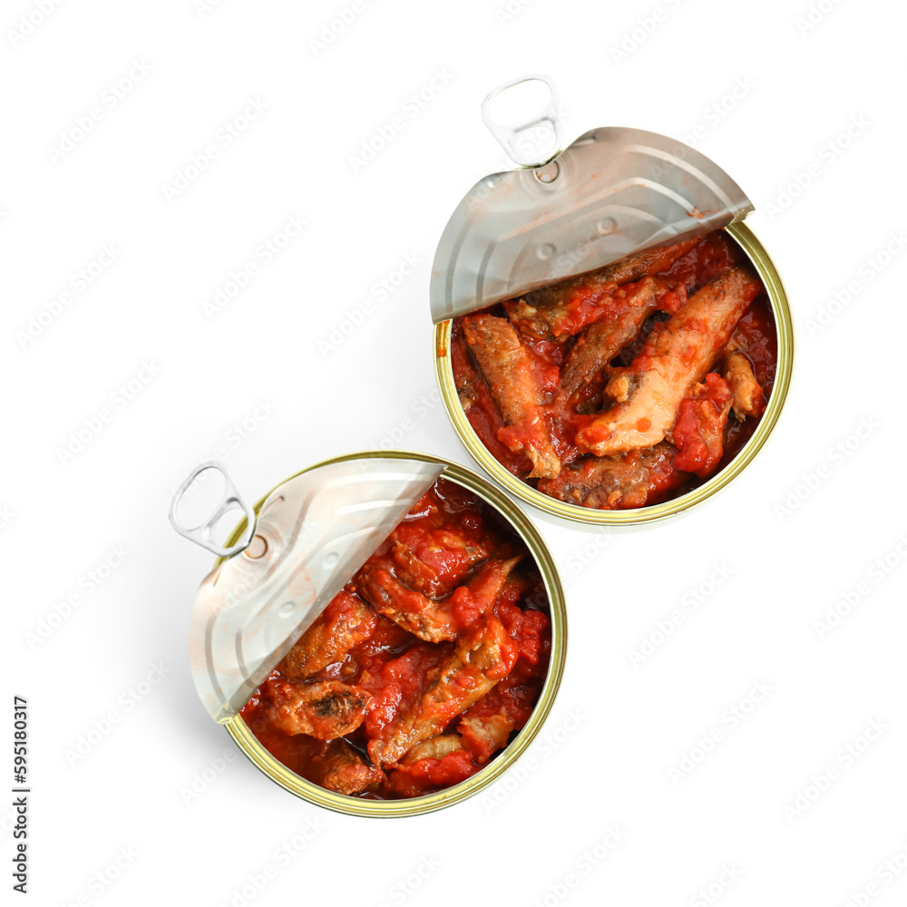 Opened tin cans with fish in tomato sauce isolated on white background ...