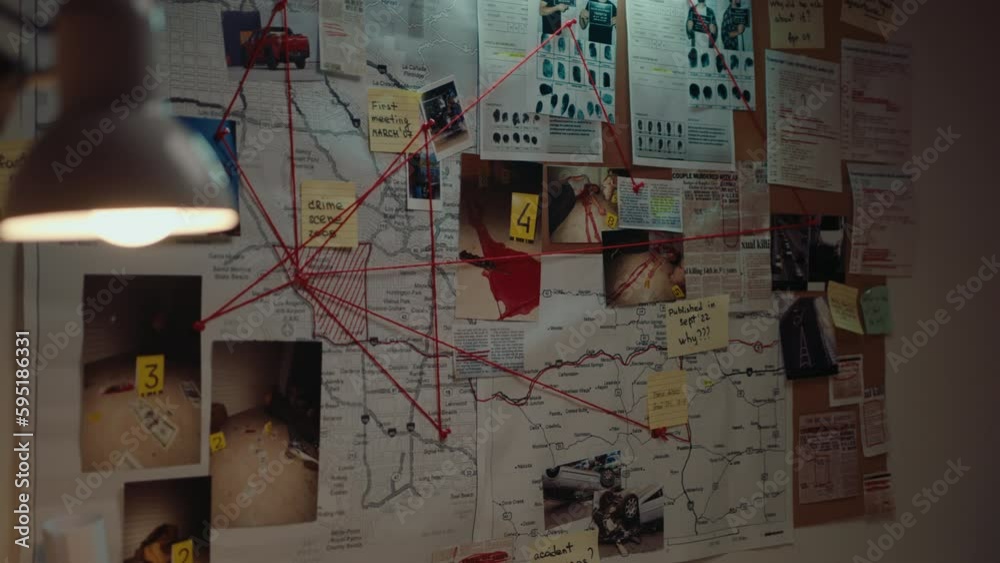 Crime investigation materials connected by red thread on pinboard ...