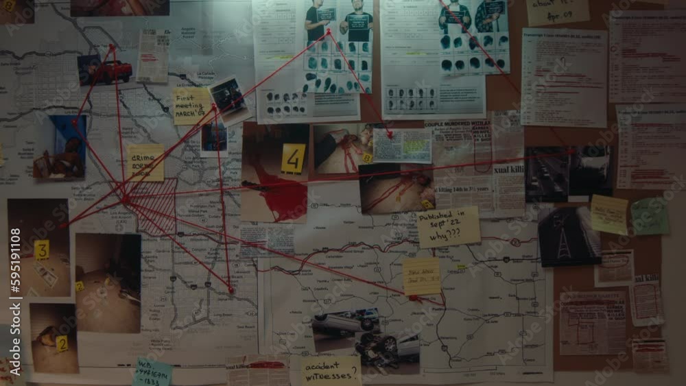 Crime scene photos, newspaper articles, mugshots, maps, notes ...