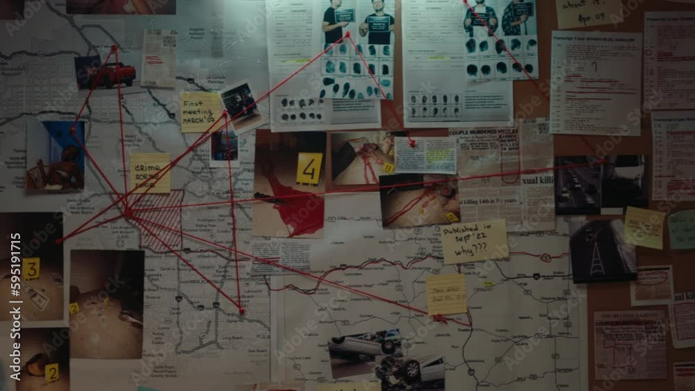 Investigation board with crime scene pictures and reports, mugshots ...