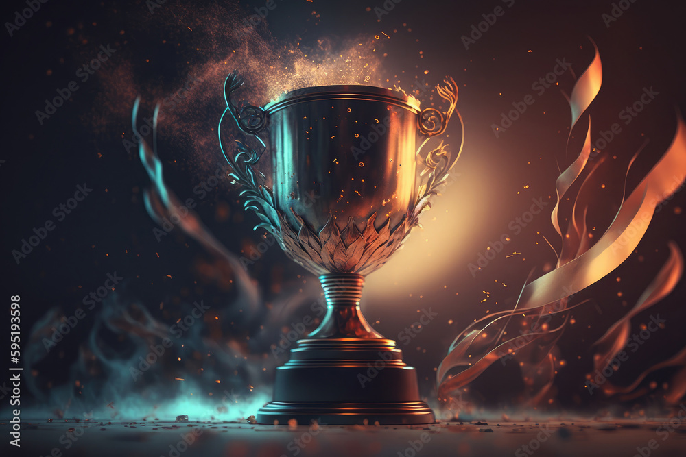 Golden champion trophy cup winner on blur bokeh dark lights background ...