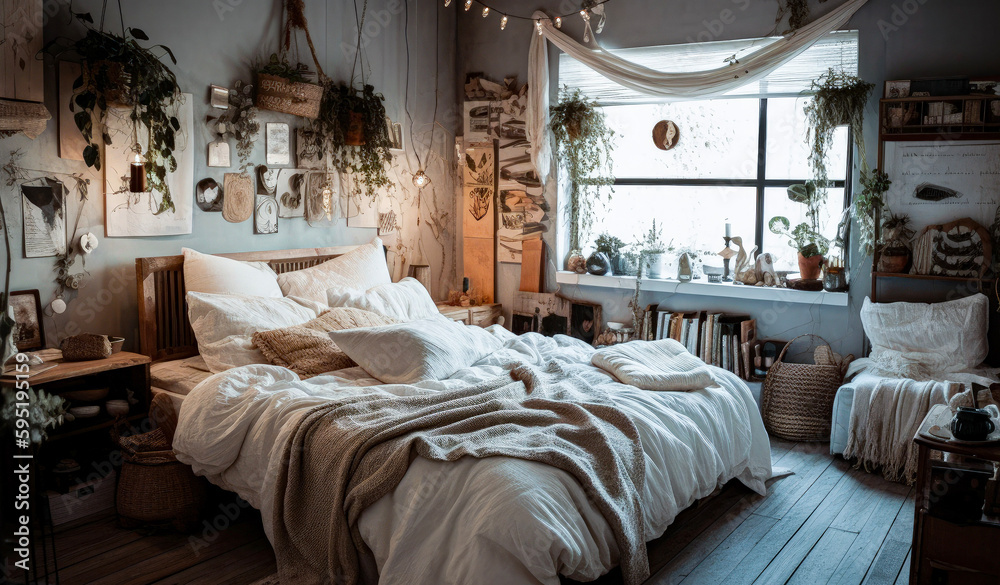 A messy and untidy contemporary bedroom with an unmade bed. Housework ...