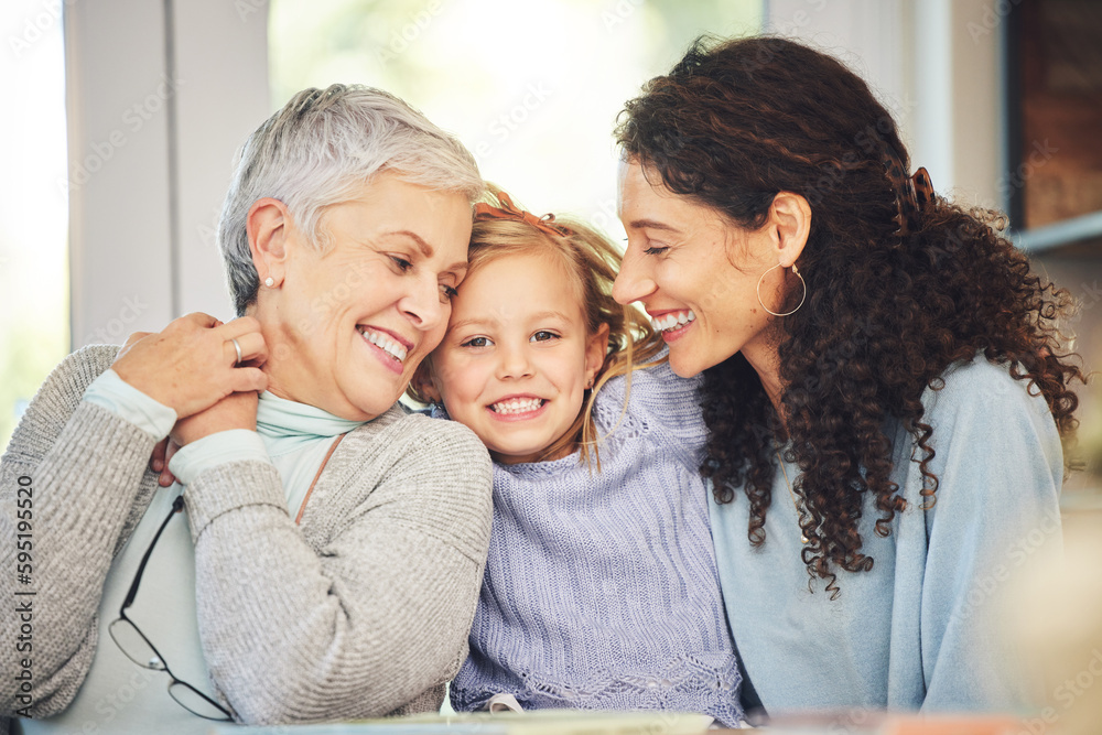 Portrait, grandmother and girl smile with mother in home, bonding and ...